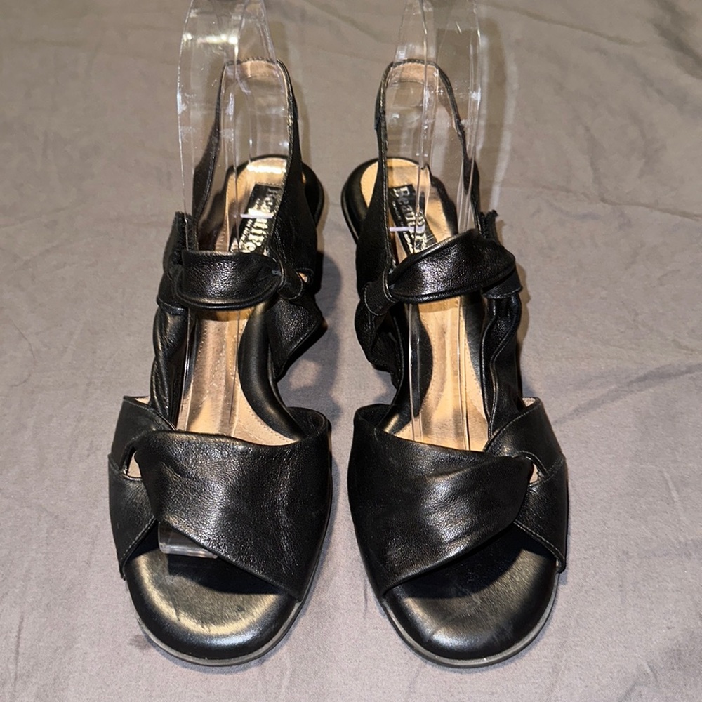 Beautifeel Low Wedge Black Leather Sandals Euc Size 38 - Gem